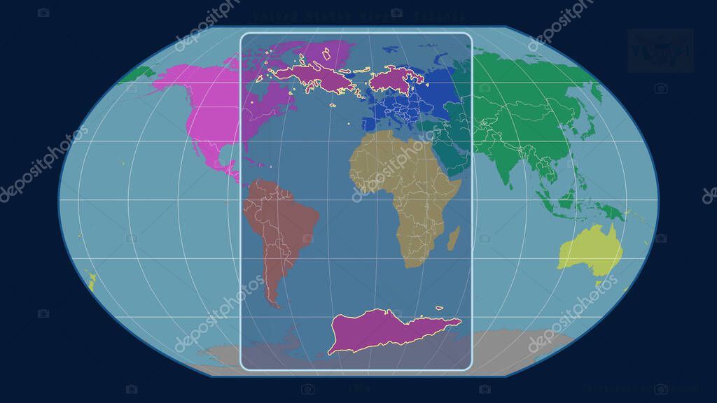 Vista ampliada del contorno de las Islas Vírgenes de los Estados Unidos con líneas de ...