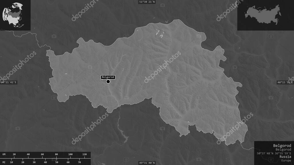 Belgorod, región de Rusia. Mapa a escala de grises con lagos y ríos ...