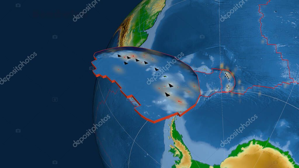 Placa tectónica sandwich extruida y presentada contra el globo. mapa ...