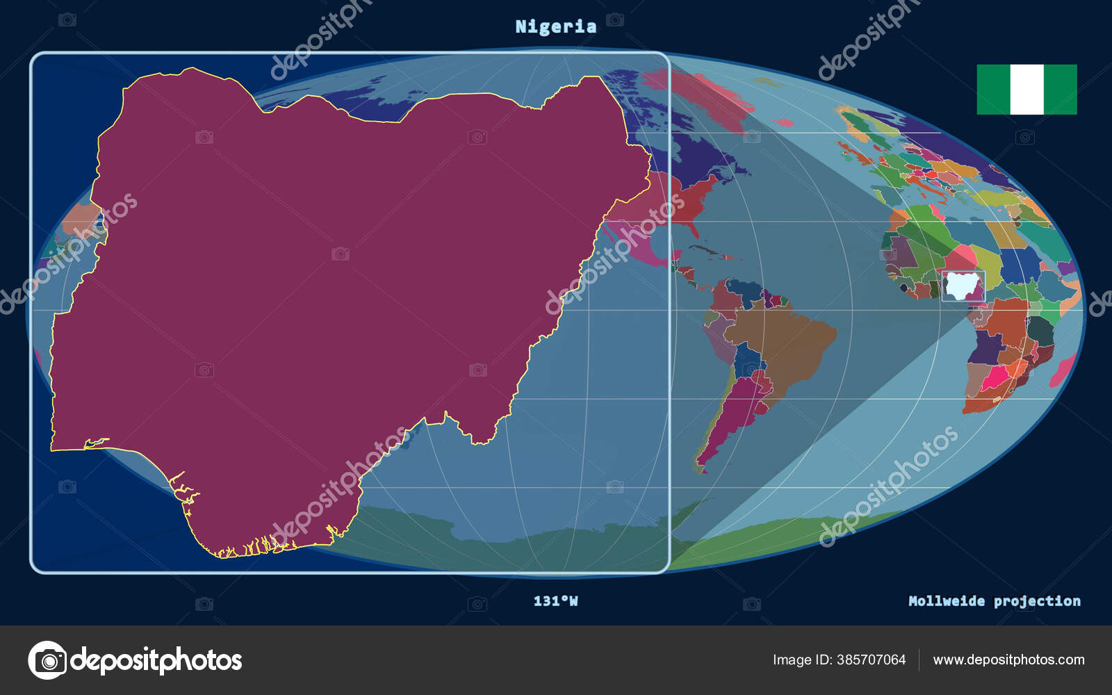Zoomed View Nigeria Outline Perspective Lines Global Map Mollweide ...