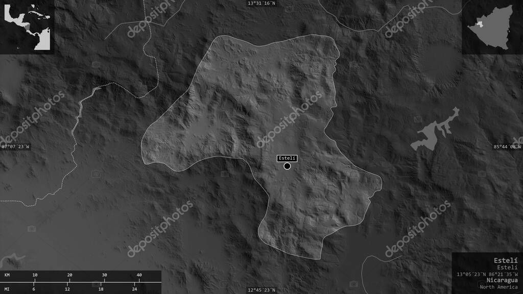 Esteli, departamento de Nicaragua. Mapa a escala de grises con lagos y ...