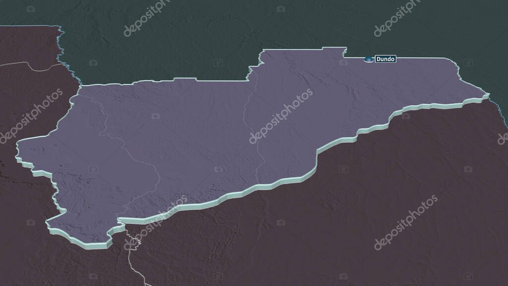 Zoom en Lunda Norte (provincia de Angola) extruido. Perspectiva oblicua ...