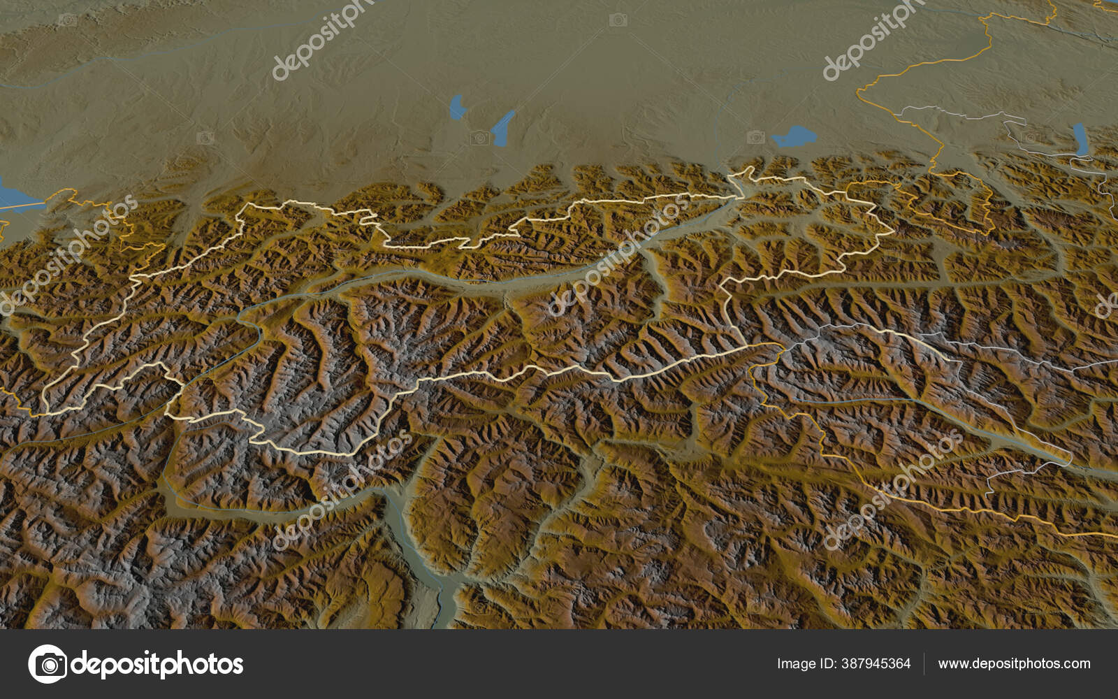 Zoom Tirol State Austria Outlined Oblique Perspective Topographic ...