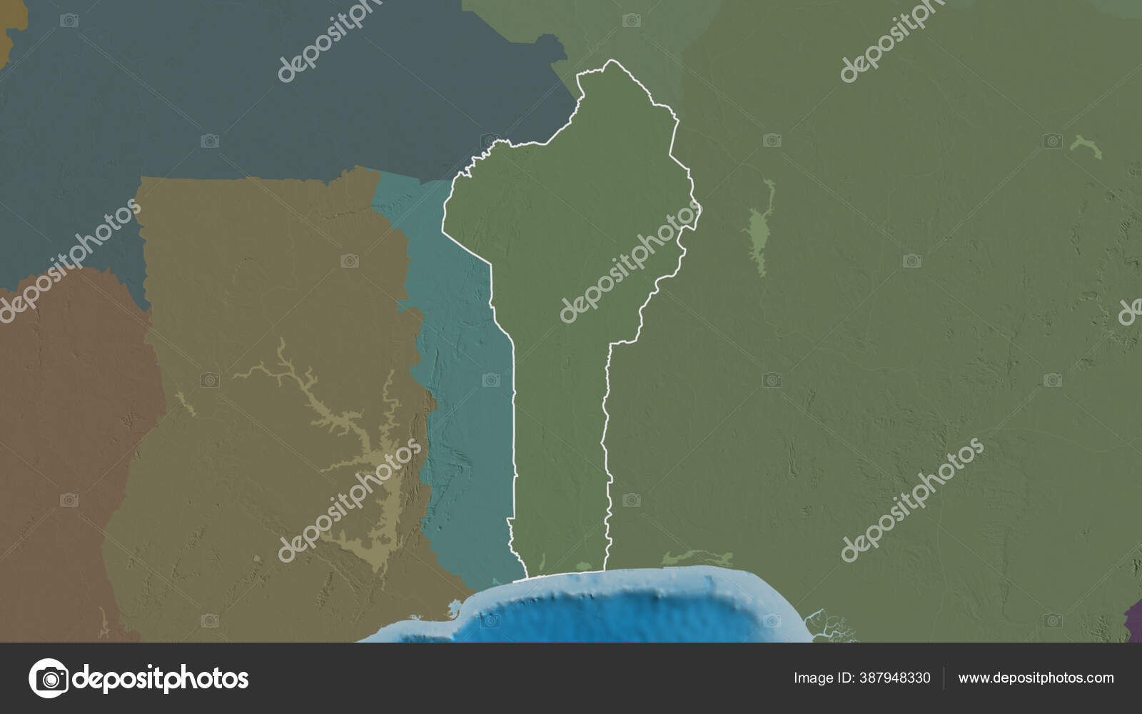Outlined Shape Benin Area Colored Bumped Map Administrative Division ...