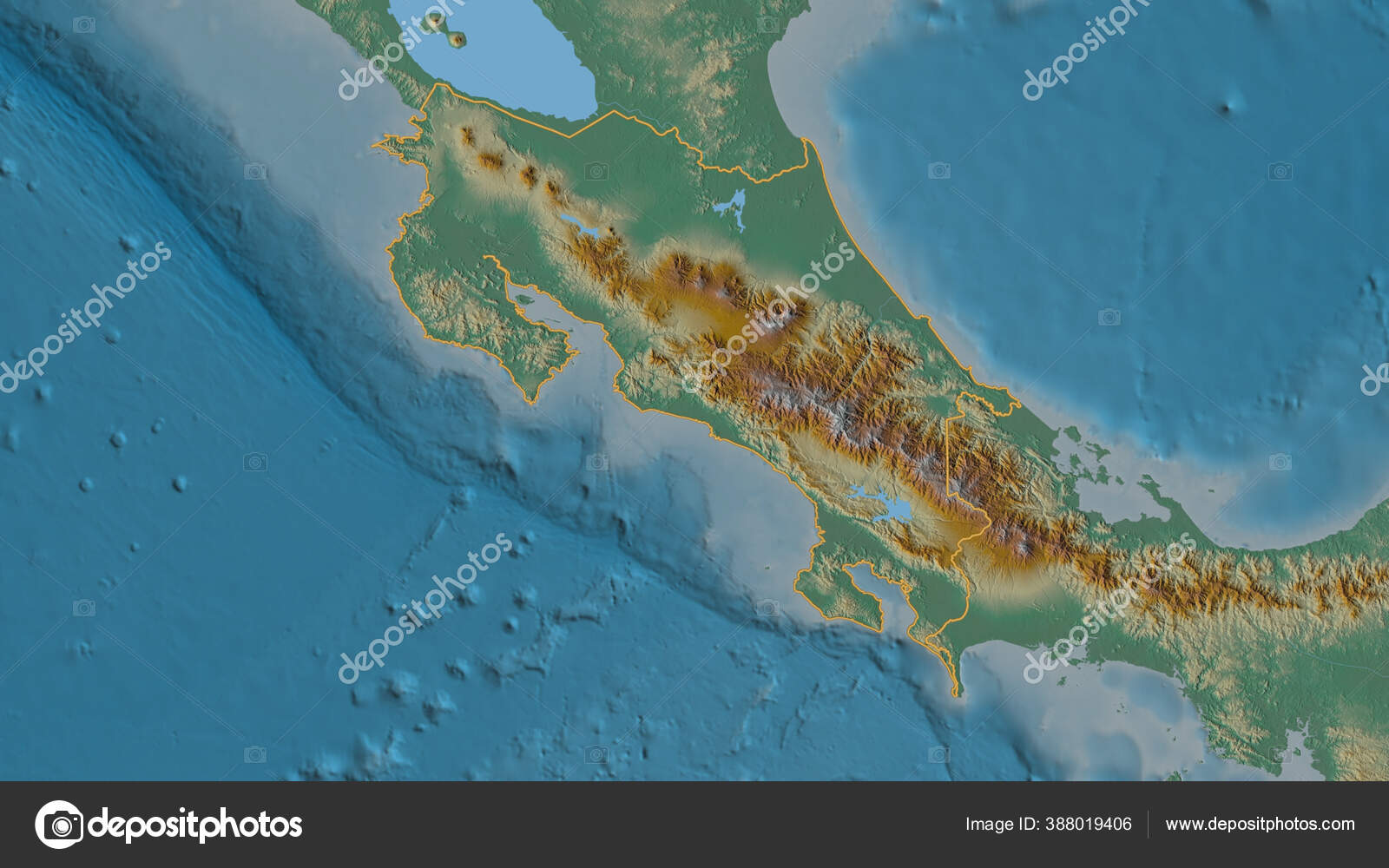 Outlined Shape Costa Rica Area Topographic Relief Map Surface Waters ...