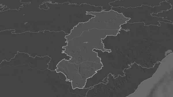 Zoom in on Chhattisgarh (state of India) outlined. Oblique perspective ...