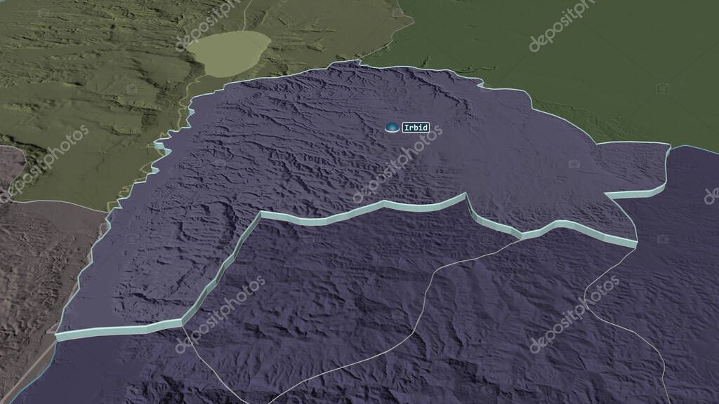Ampliar en Irbid (provincia de Jordania) extruido. Perspectiva oblicua. Mapa coloreado y tocado ...