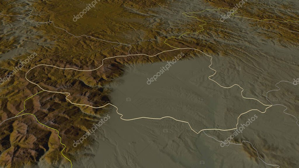 Enfoque en Pecki (distrito de Kosovo) esbozado. Perspectiva oblicua ...