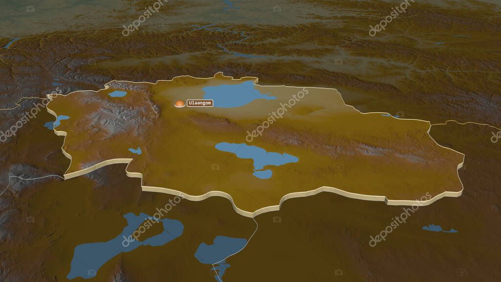 Zoom en Uvs (provincia de Mongolia) extruido. Perspectiva oblicua. Mapa ...