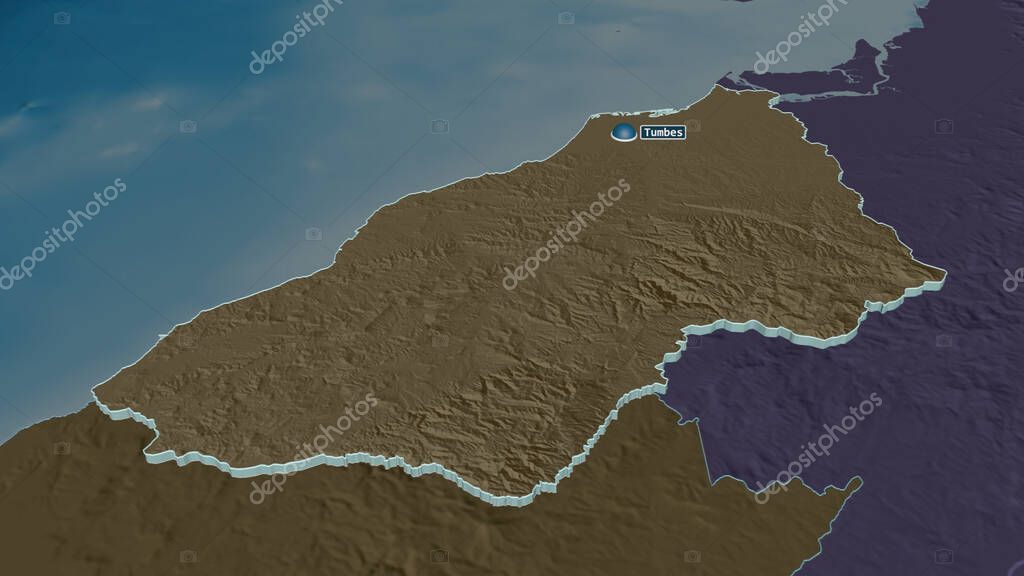 Zoom en Tumbes (región de Perú) extruido. Perspectiva oblicua. Mapa ...