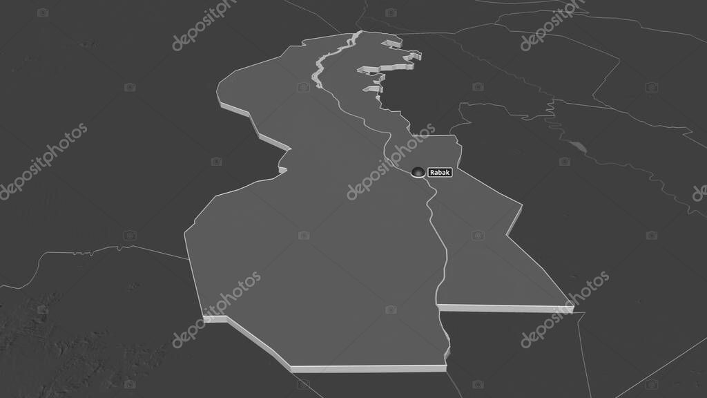 Zoom en el Nilo Blanco (estado de Sudán) extruido. Perspectiva oblicua ...