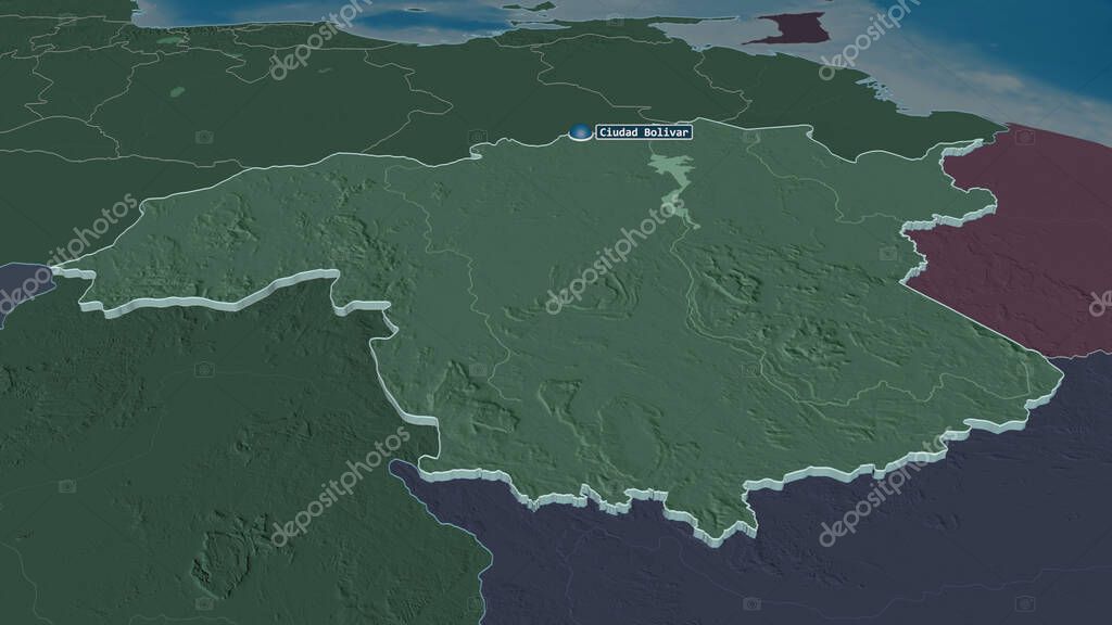 Zoom en Bolívar (estado de Venezuela) extruido. Perspectiva oblicua ...