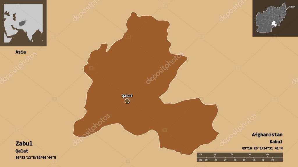 Forma de Zabul, provincia de Afganistán, y su capital. Escala de ...