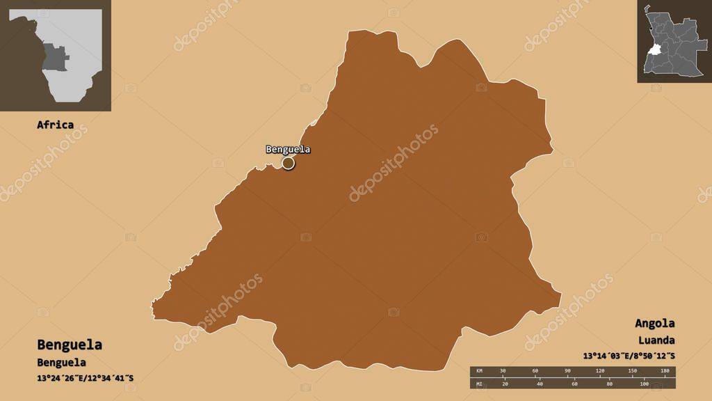 Forma de Benguela, provincia de Angola, y su capital. Escala de ...