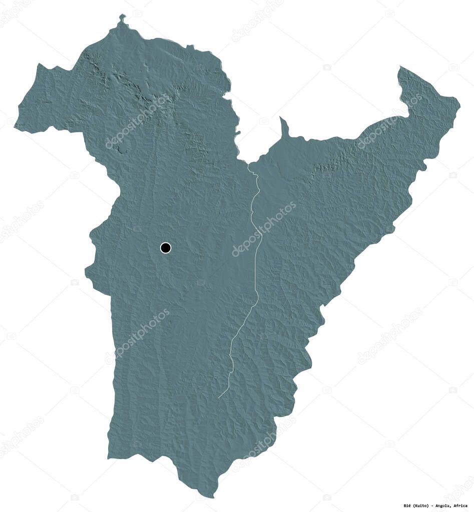 Forma de Bie, provincia de Angola, con su capital aislada sobre fondo blanco. Mapa de elevación ...