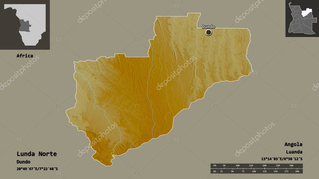 Forma de Lunda Norte, provincia de Angola, y su capital. Escala de ...