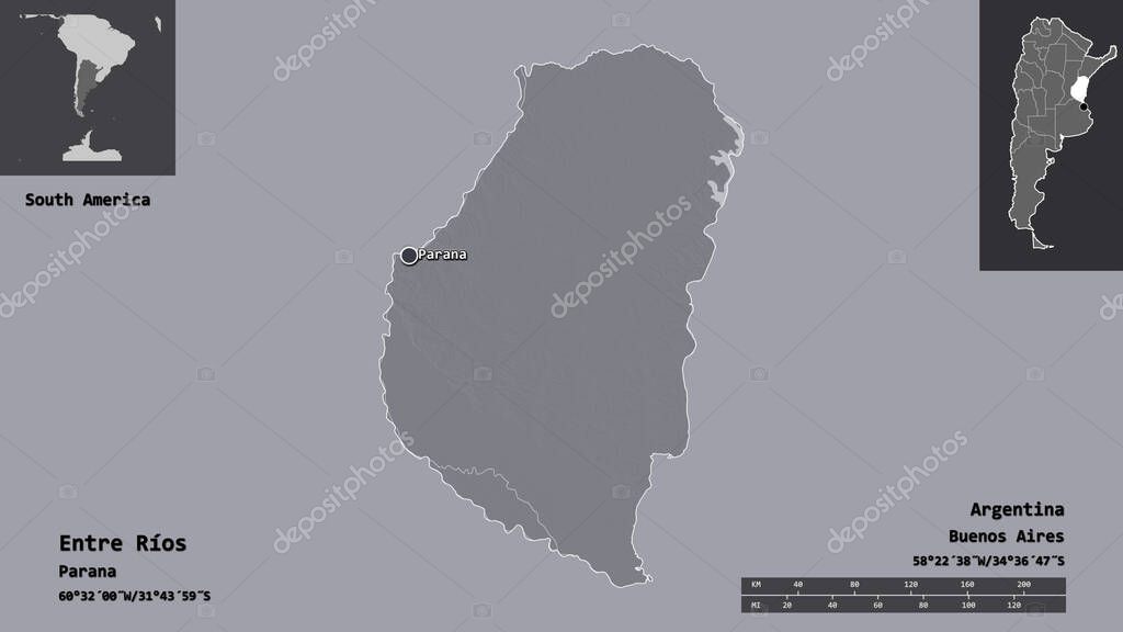 Forma de Entre Ríos, provincia de Argentina, y su capital. Escala de ...