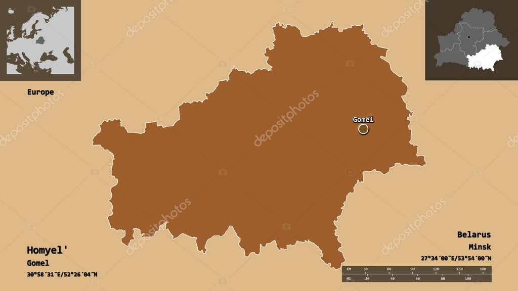 Shape of Homyel ', región de Belarús, y su capital. Escala de distancia ...