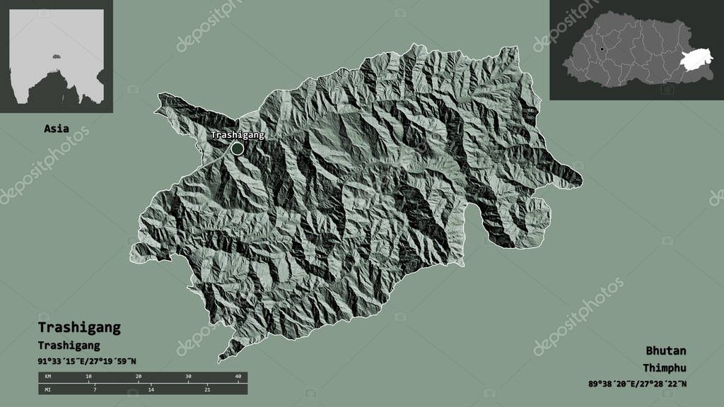 Forma de Trashigang, distrito de Bután, y su capital. Escala de ...