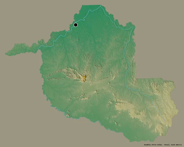 Shape of Rondonia, state of Brazil, with its capital isolated on a ...