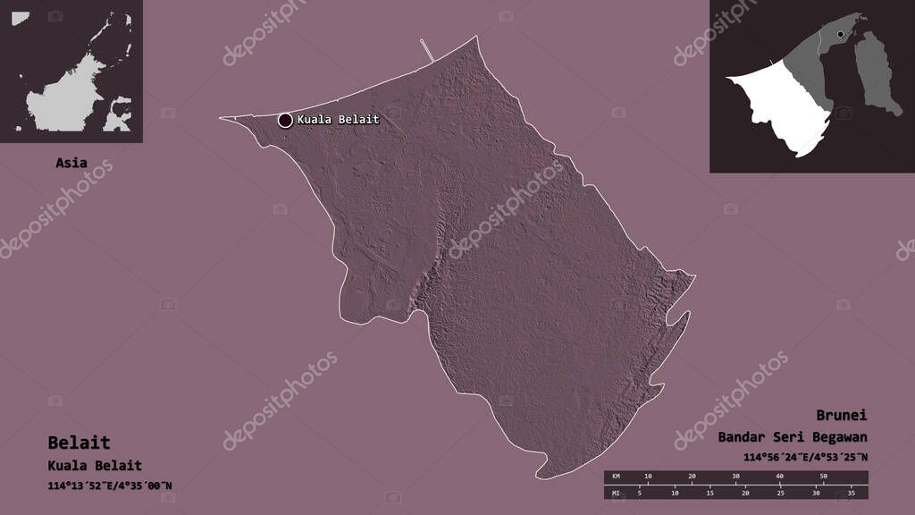 Forma de Belait, distrito de Brunéi, y su capital. Escala de distancia ...