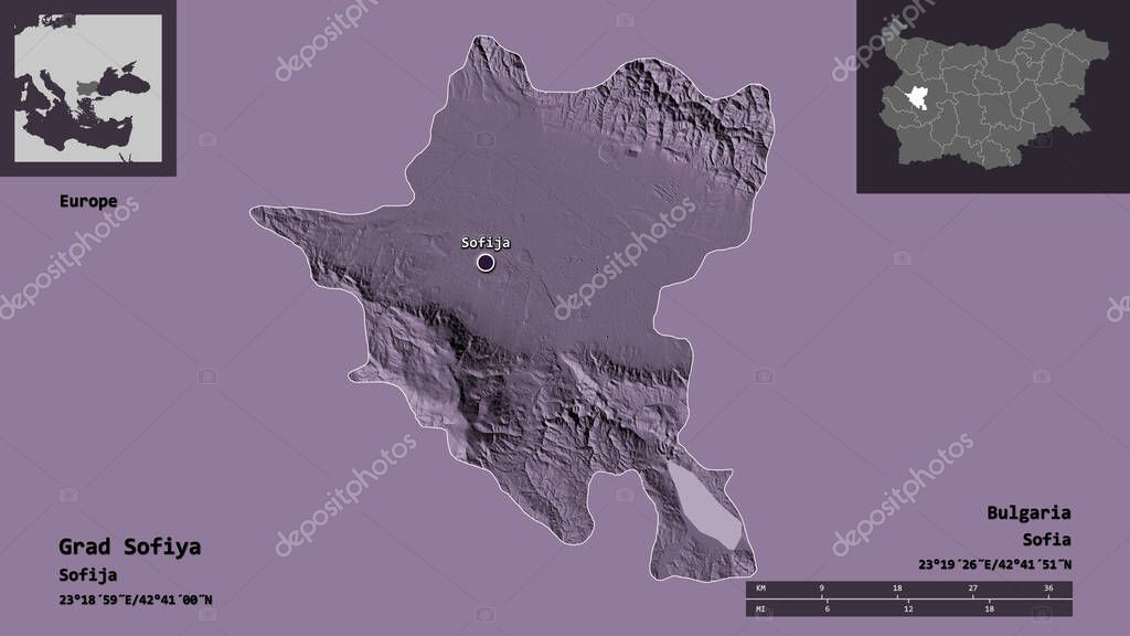 Forma de Grad Sofiya, provincia de Bulgaria, y su capital. Escala de ...