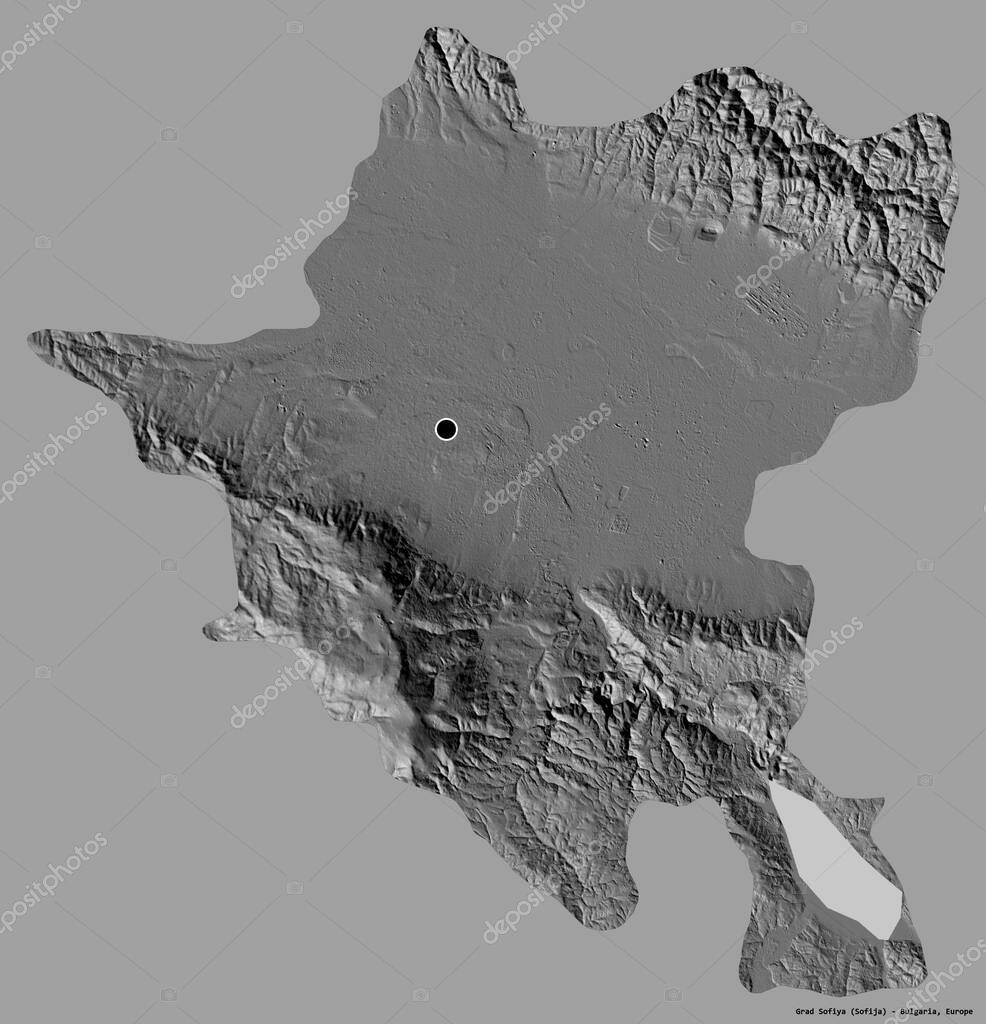 Forma de Grad Sofiya, provincia de Bulgaria, con su capital aislada sobre un fondo de color ...