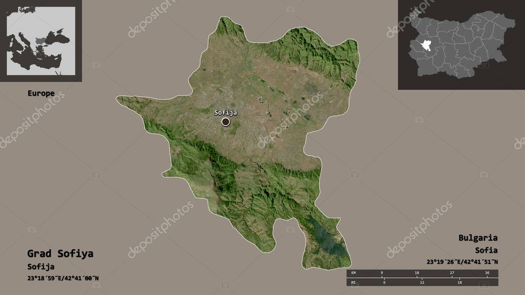 Forma de Grad Sofiya, provincia de Bulgaria, y su capital. Escala de ...