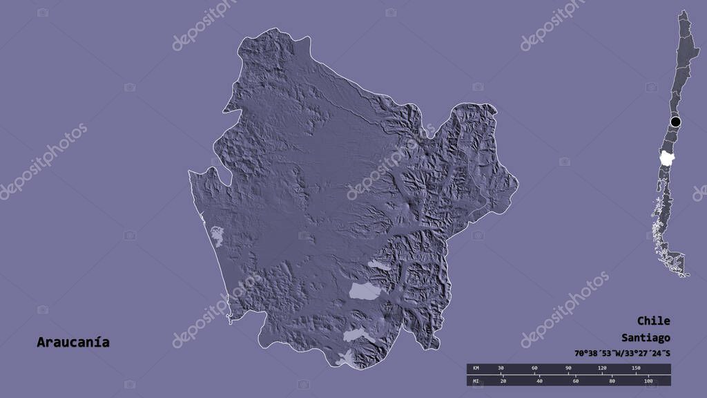 Forma de Araucanía, región de Chile, con su capital aislada sobre fondo sólido. Escala de ...