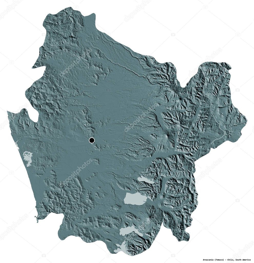 Forma de Araucanía, región de Chile, con su capital aislada sobre fondo blanco. Mapa de ...