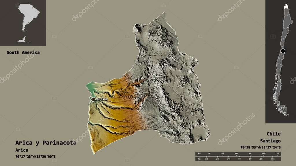 Forma de Arica y Parinacota, región de Chile, y su capital. Escala de ...