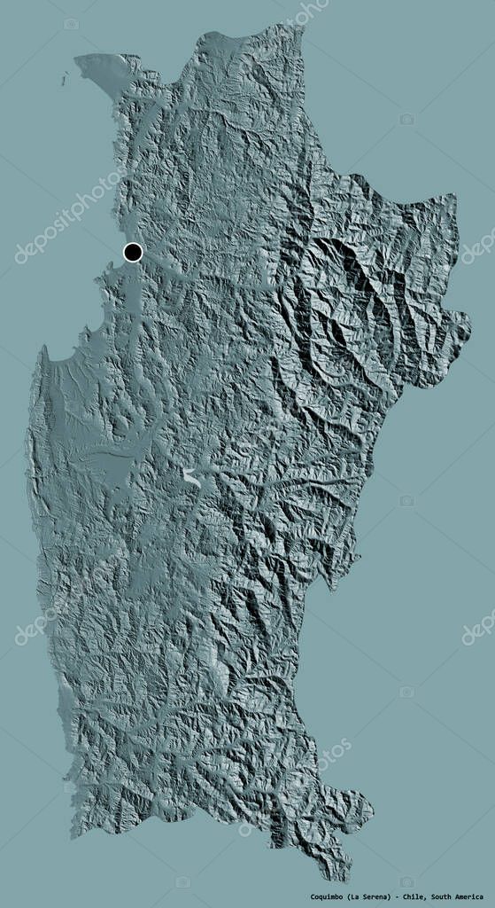 Forma de Coquimbo, región de Chile, con su capital aislada sobre un fondo de color sólido. Mapa ...