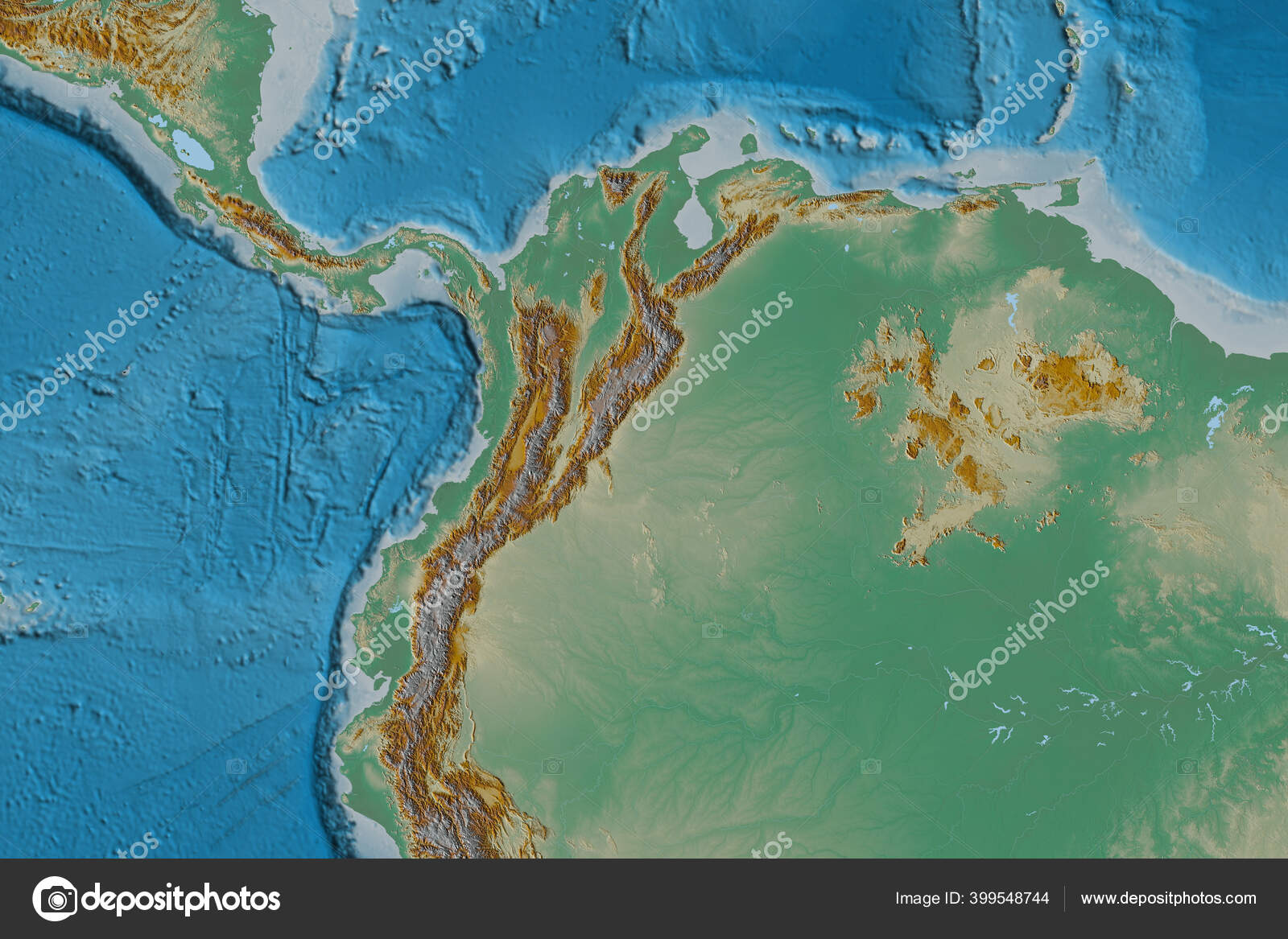 Extended Area Colombia Topographic Relief Map Rendering Stock ...