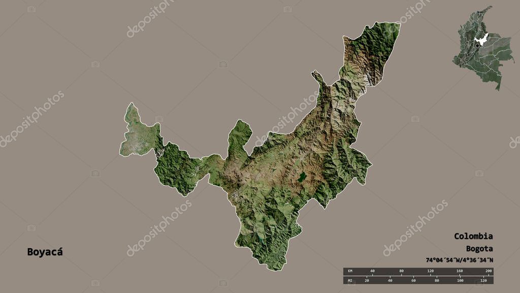 Forma de Boyaca, departamento de Colombia, con su capital aislada sobre fondo sólido. Escala de ...