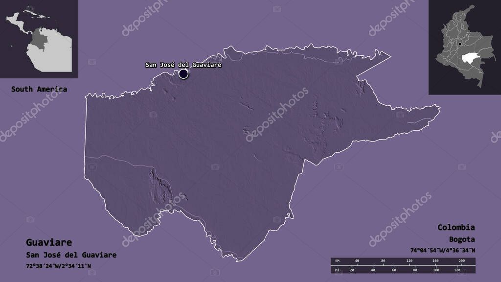 Forma de Guaviare, comisaría de Colombia, y su capital. Escala de ...