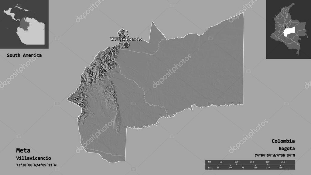 Forma de Meta, departamento de Colombia, y su capital. Escala de ...