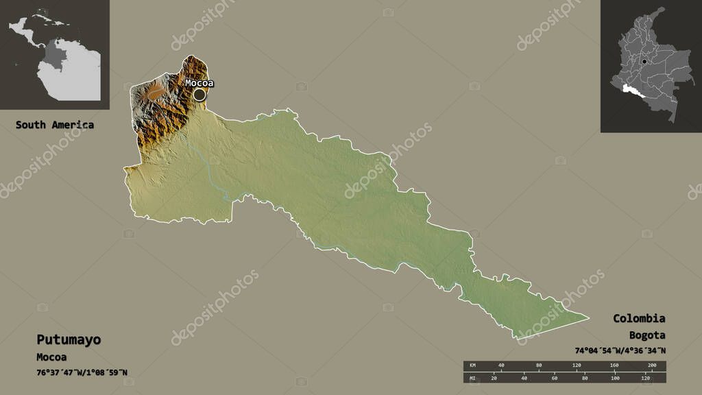 Forma de Putumayo, intendencia de Colombia, y su capital. Escala de ...