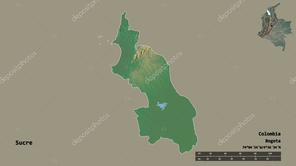 Forma de Sucre, departamento de Colombia, con su capital aislada sobre ...