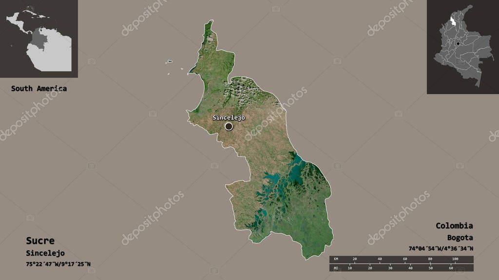 Forma de Sucre, departamento de Colombia, y su capital. Escala de ...