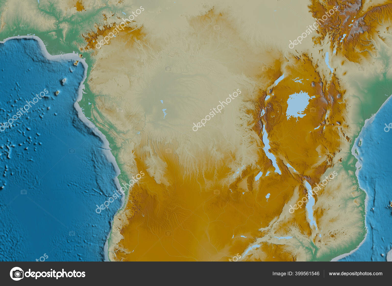 Extended Area Democratic Republic Congo Topographic Relief Map ...