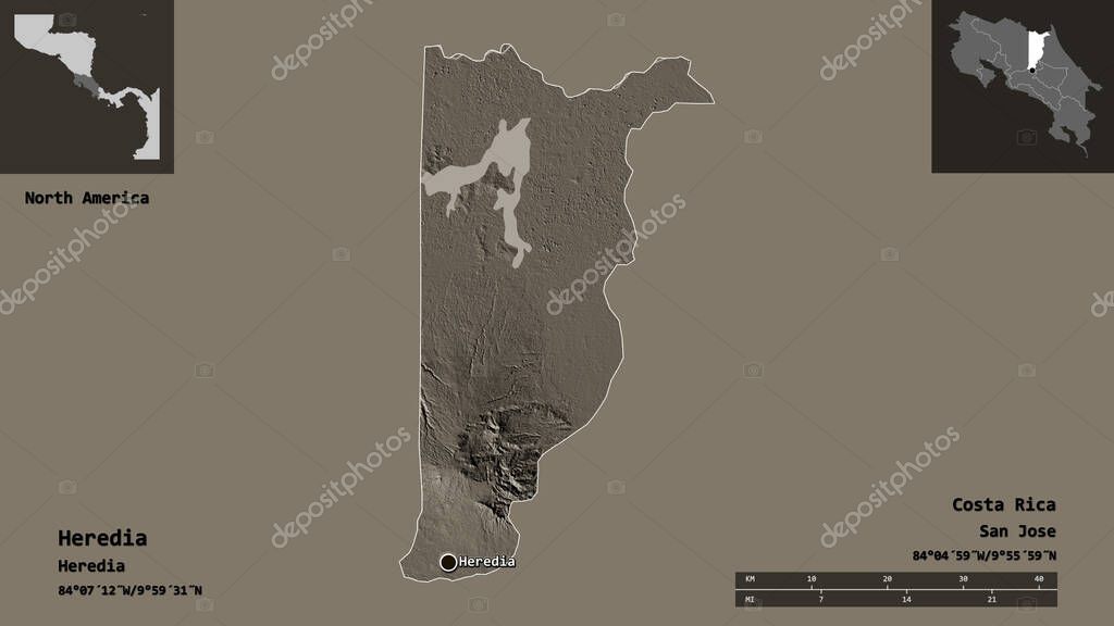 Forma de Heredia, provincia de Costa Rica, y su capital. Escala de ...