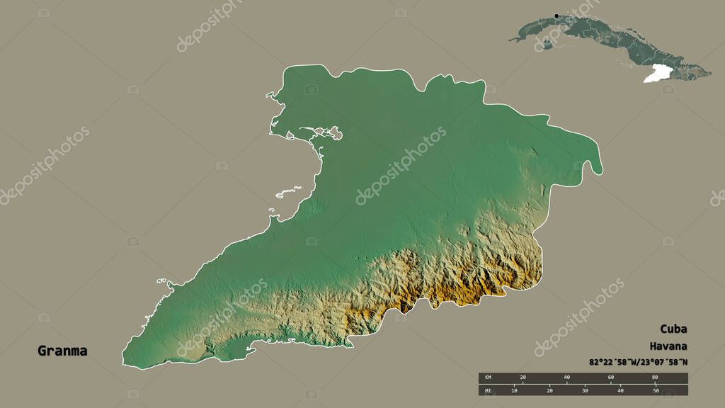 Forma de Granma, provincia de Cuba, con su capital aislada sobre fondo ...