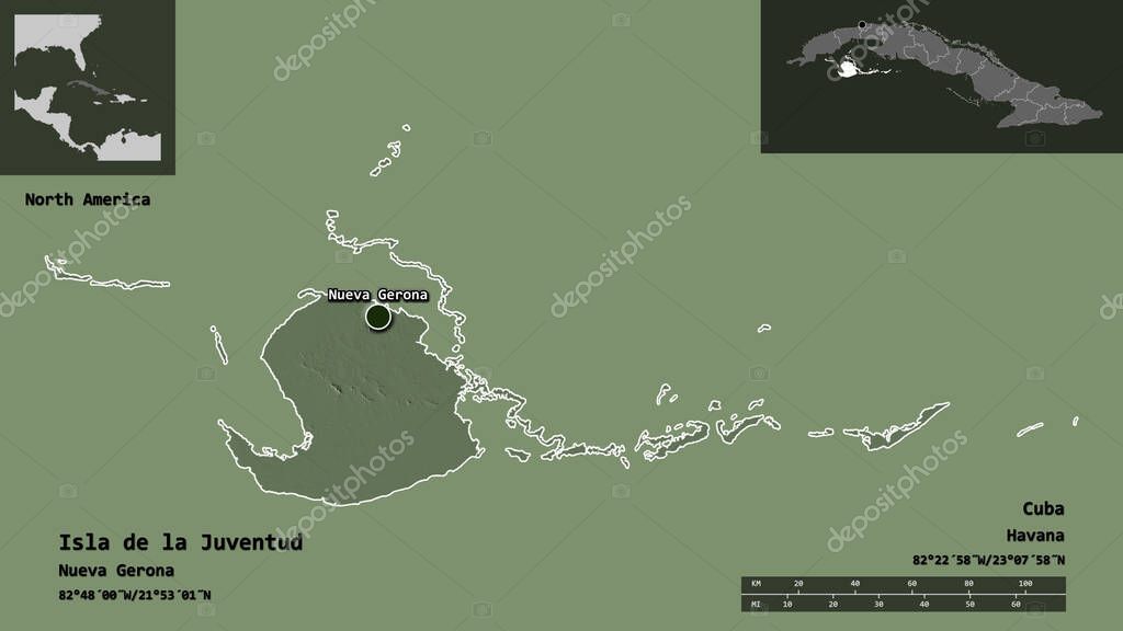 Forma de Isla de la Juventud, provincia de Cuba, y su capital. Escala ...