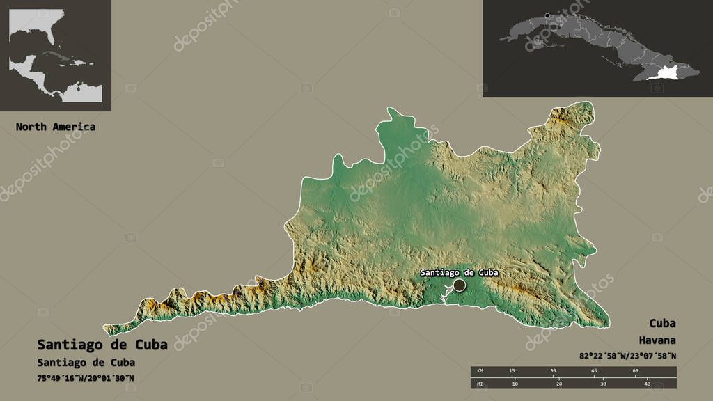 Forma de Santiago de Cuba, provincia de Cuba, y su capital. Escala de ...
