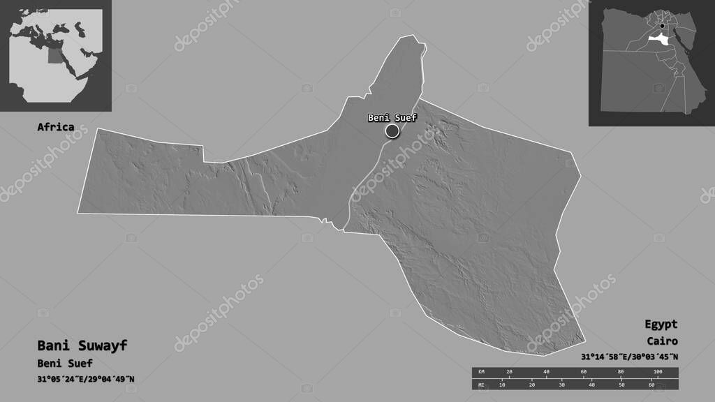 Forma de Bani Suwayf, gobernación de Egipto, y su capital. Escala de distancia, vistas previas y ...