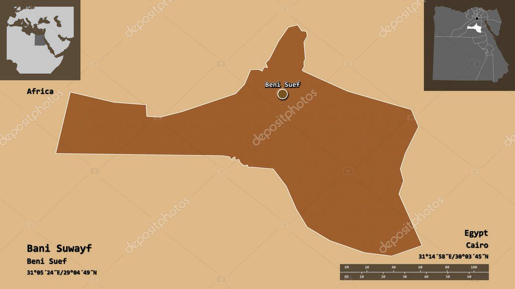 Forma de Bani Suwayf, gobernación de Egipto, y su capital. Escala de distancia, vistas previas y ...