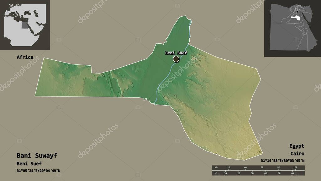 Forma de Bani Suwayf, gobernación de Egipto, y su capital. Escala de distancia, vistas previas y ...