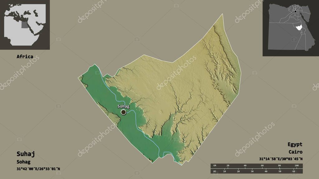 Forma de Suhaj, gobernación de Egipto, y su capital. Escala de ...