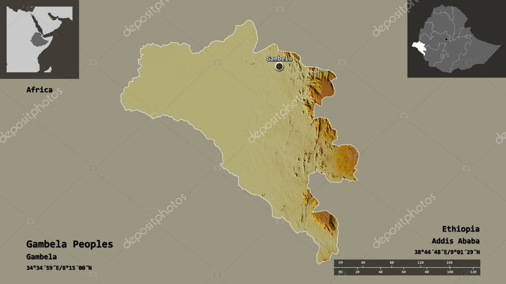 Shape of Gambela Peoples, state of Ethiopia, and its capital. Escala de ...