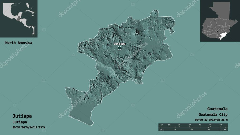 Forma de Jutiapa, departamento de Guatemala, y su capital. Escala de ...
